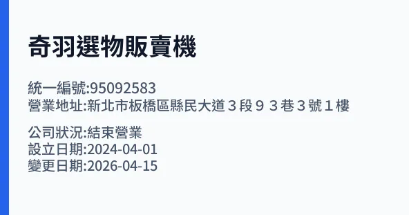 奇羽選物販賣機的照片-統編 95092583(新北市) 公司登記資料與營業項目詳細圖表