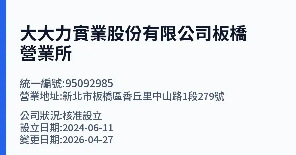 大大力實業股份有限公司板橋營業所的照片-統編 95092985(新北市) 公司登記資料與營業項目詳細圖表