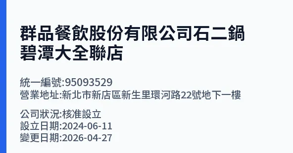 群品餐飲股份有限公司石二鍋碧潭大全聯店的照片-統編 95093529(新北市) 公司登記資料與營業項目詳細圖表