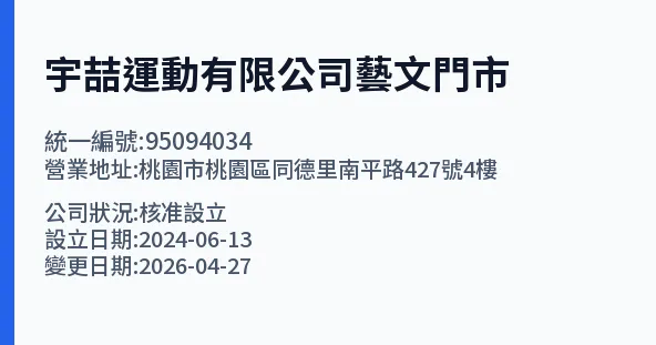 宇喆運動有限公司藝文門市的照片-統編 95094034(桃園市) 公司登記資料與營業項目詳細圖表
