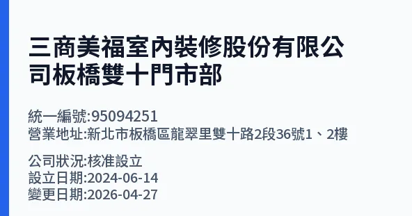 三商美福室內裝修股份有限公司板橋雙十門市部的照片-統編 95094251(新北市) 公司登記資料與營業項目詳細圖表
