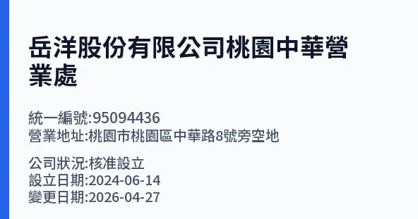 岳洋股份有限公司桃園中華營業處的照片-統編 95094436(桃園市) 公司登記資料與營業項目詳細圖表