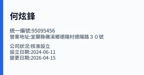 何炫鋒的照片-統編 95095456(宜蘭縣) 公司登記資料與營業項目詳細圖表