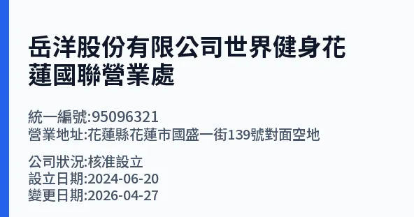 岳洋股份有限公司世界健身花蓮國聯營業處的照片-統編 95096321(花蓮縣) 公司登記資料與營業項目詳細圖表