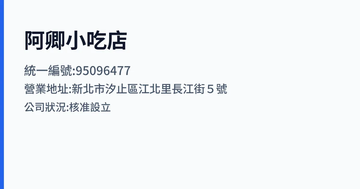阿卿小吃店 - 統編 95096477(新北市) 公司登記資料與營業項目詳細圖表