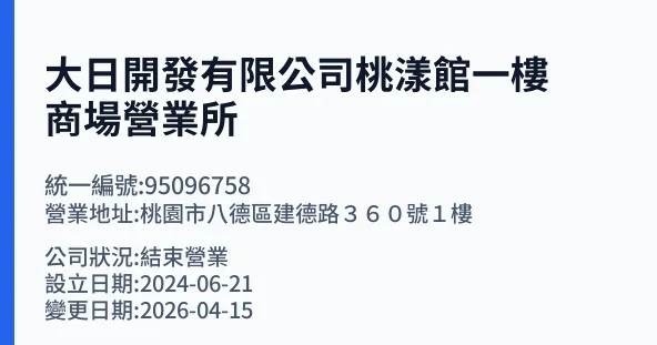 大日開發有限公司桃漾館一樓商場營業所的照片-統編 95096758(桃園市) 公司登記資料與營業項目詳細圖表