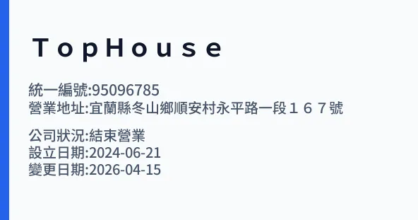ＴｏｐＨｏｕｓｅ的照片-統編 95096785(宜蘭縣) 公司登記資料與營業項目詳細圖表