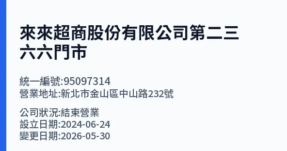 來來超商股份有限公司第二三六六門市的照片-統編 95097314(新北市) 公司登記資料與營業項目詳細圖表