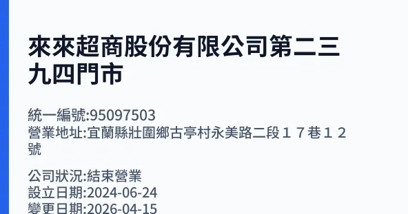 來來超商股份有限公司第二三九四門市的照片-統編 95097503(宜蘭縣) 公司登記資料與營業項目詳細圖表