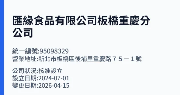 匯緣食品有限公司板橋重慶分公司的照片-統編 95098329(新北市) 公司登記資料與營業項目詳細圖表