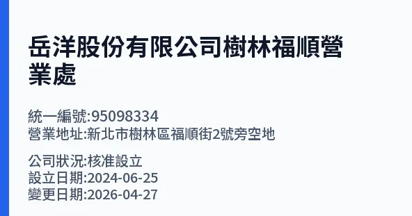 岳洋股份有限公司樹林福順營業處的照片-統編 95098334(新北市) 公司登記資料與營業項目詳細圖表