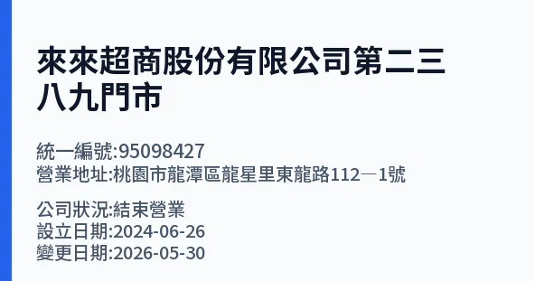 來來超商股份有限公司第二三八九門市的照片-統編 95098427(桃園市) 公司登記資料與營業項目詳細圖表