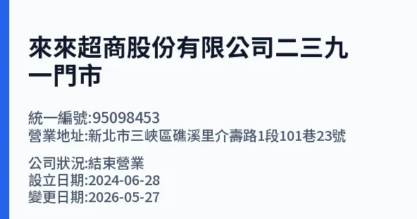 來來超商股份有限公司二三九一門市的照片-統編 95098453(新北市) 公司登記資料與營業項目詳細圖表