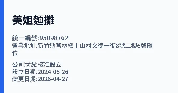 美姐麵攤的照片-統編 95098762(新竹縣) 公司登記資料與營業項目詳細圖表