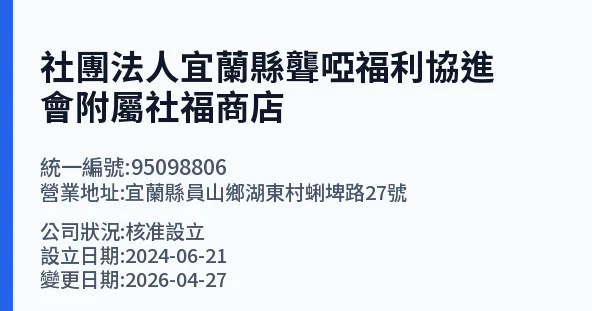 社團法人宜蘭縣聾啞福利協進會附屬社福商店的照片-統編 95098806(宜蘭縣) 公司登記資料與營業項目詳細圖表