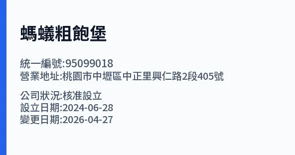 螞蟻粗飽堡的照片-統編 95099018(桃園市) 公司登記資料與營業項目詳細圖表