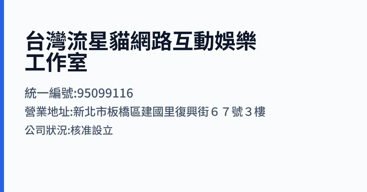 台灣流星貓網路互動娛樂工作室 - 統編 95099116(桃園市) 公司登記資料與營業項目詳細圖表