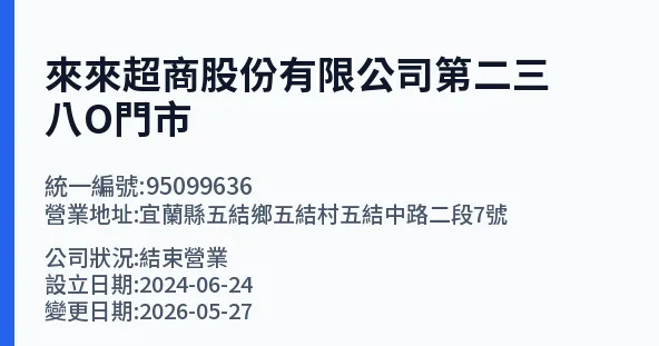 來來超商股份有限公司第二三八O門市的照片-統編 95099636(宜蘭縣) 公司登記資料與營業項目詳細圖表