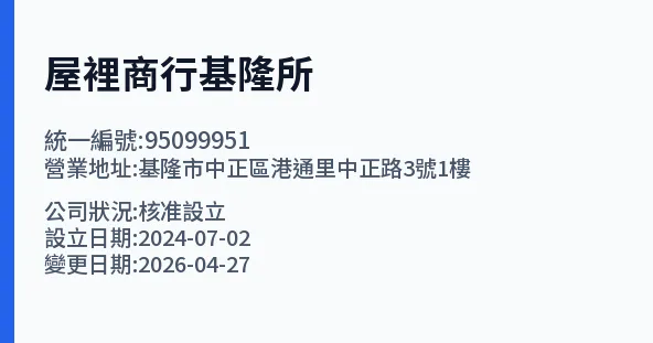 屋裡商行基隆所的照片-統編 95099951(基隆市) 公司登記資料與營業項目詳細圖表