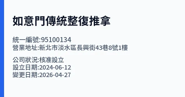 如意門傳統整復推拿的照片-統編 95100134(新北市) 公司登記資料與營業項目詳細圖表