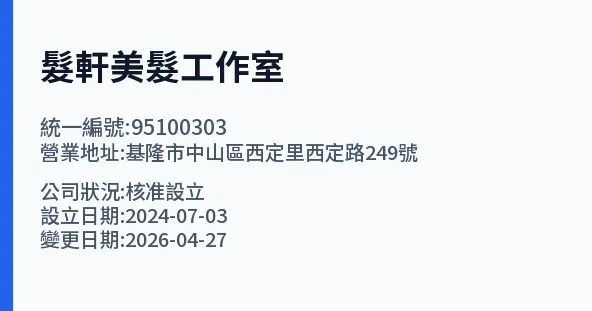 髮軒美髮工作室的照片-統編 95100303(基隆市) 公司登記資料與營業項目詳細圖表