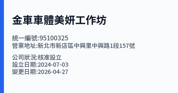 金車車體美妍工作坊的照片-統編 95100325(新北市) 公司登記資料與營業項目詳細圖表
