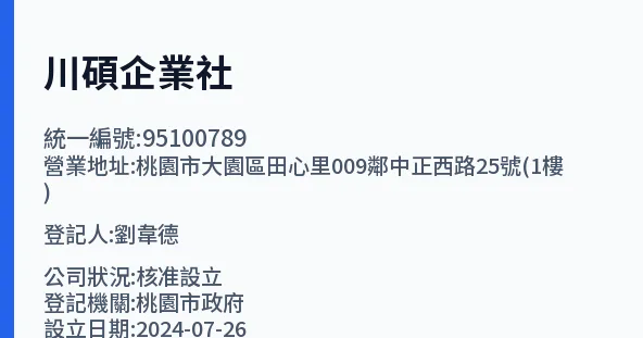 川碩企業社的照片-統編 95100789(桃園市) 公司登記資料與營業項目詳細圖表