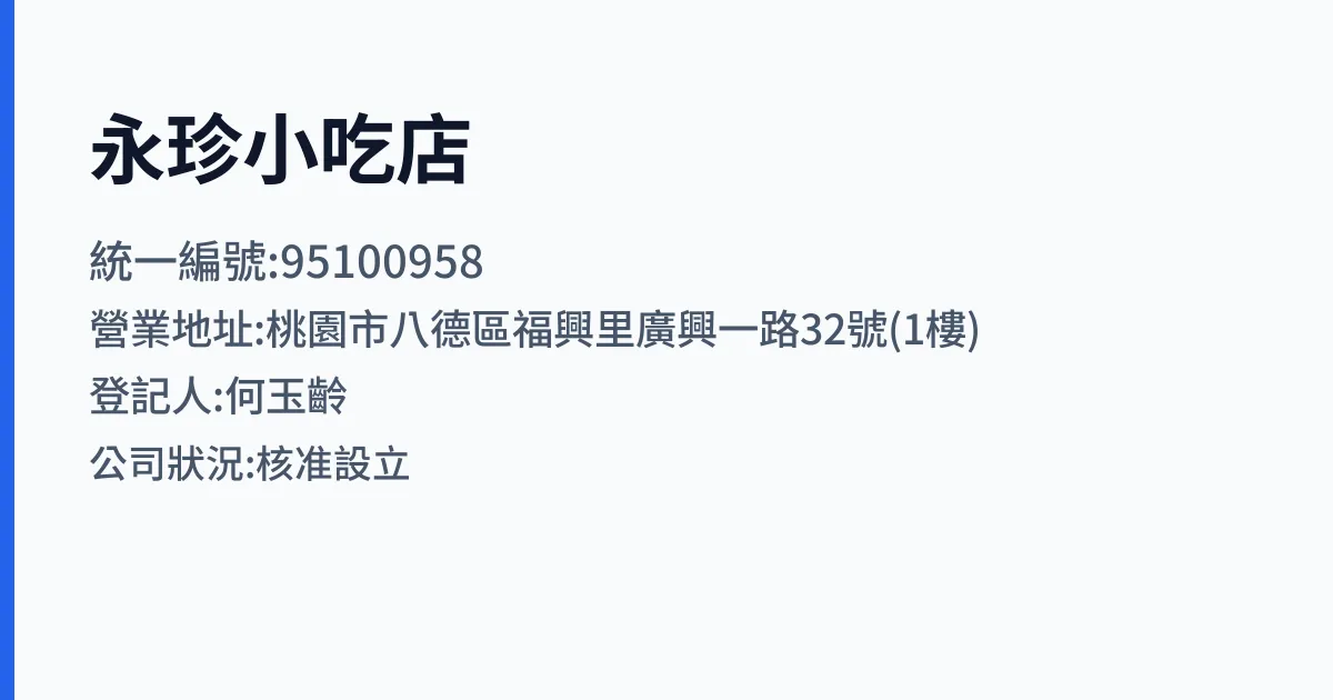 永珍小吃店 - 統編 95100958(桃園市) 公司登記資料與營業項目詳細圖表