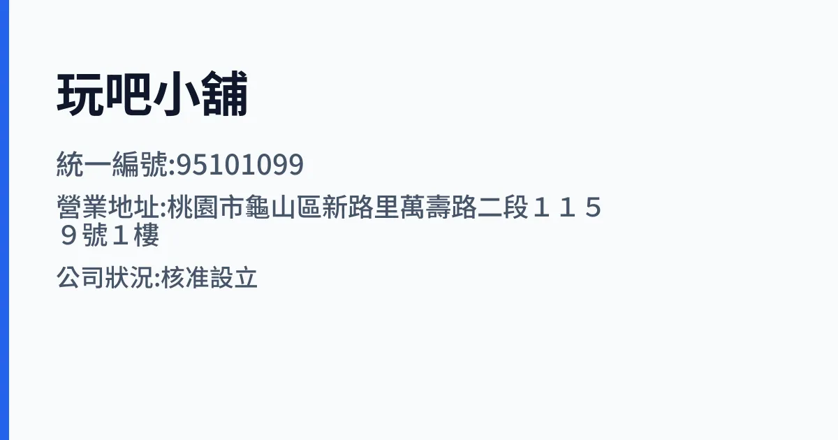 玩吧小舖 - 統編 95101099(桃園市) 公司登記資料與營業項目詳細圖表