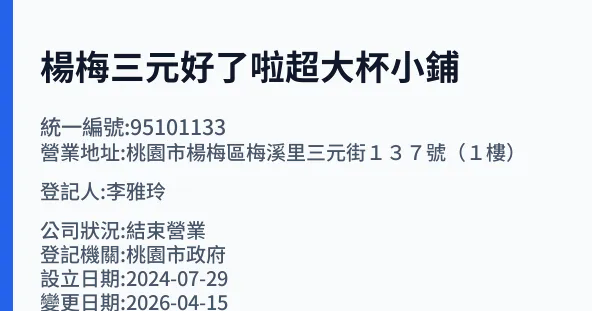 楊梅三元好了啦超大杯小鋪的照片-統編 95101133(桃園市) 公司登記資料與營業項目詳細圖表