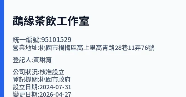 鵡緣茶飲工作室的照片-統編 95101529(桃園市) 公司登記資料與營業項目詳細圖表