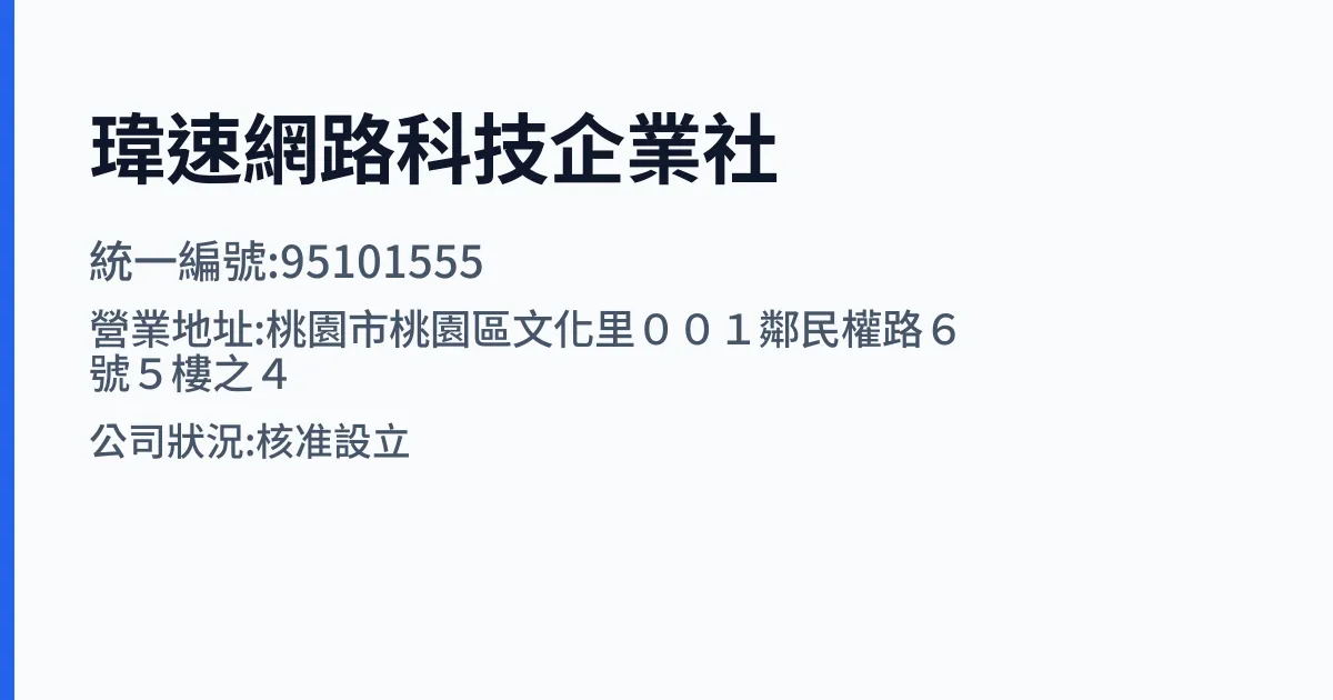 瑋速網路科技企業社 - 統編 95101555(桃園市) 公司登記資料與營業項目詳細圖表