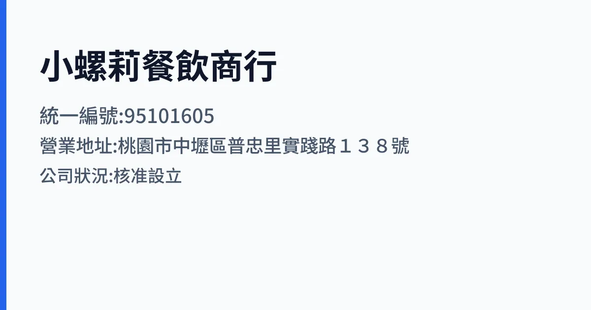 小螺莉餐飲商行 - 統編 95101605(桃園市) 公司登記資料與營業項目詳細圖表