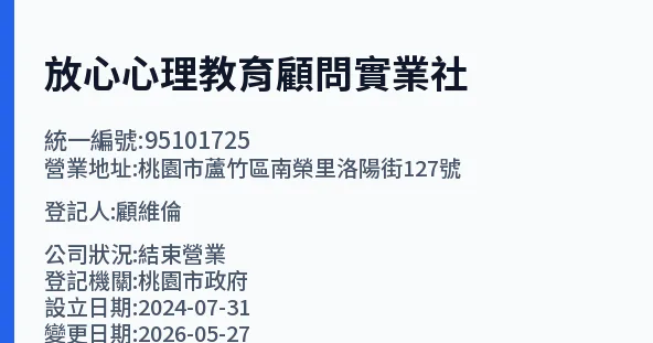 放心心理教育顧問實業社的照片-統編 95101725(桃園市) 公司登記資料與營業項目詳細圖表