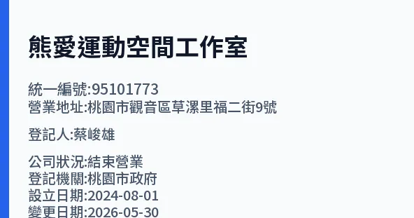 熊愛運動空間工作室的照片-統編 95101773(桃園市) 公司登記資料與營業項目詳細圖表