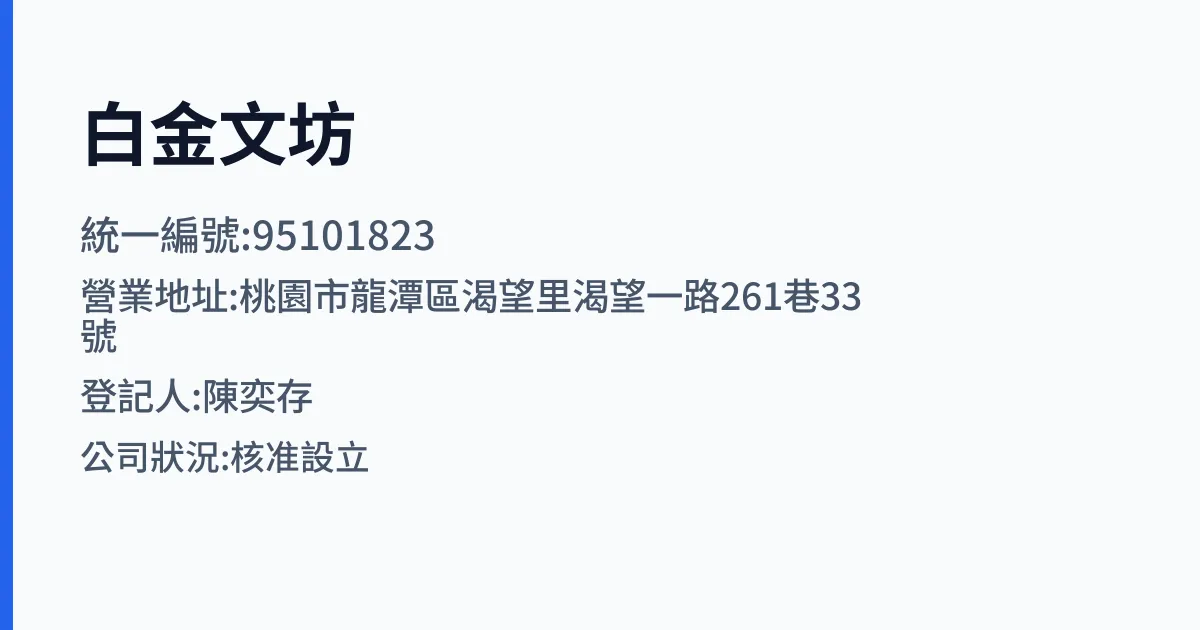 白金文坊 - 統編 95101823（桃園市） 公司登記資料與營業項目詳細圖表