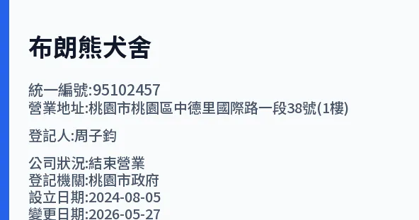 布朗熊犬舍的照片-統編 95102457(桃園市) 公司登記資料與營業項目詳細圖表