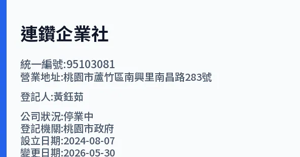 連鑽企業社的照片-統編 95103081(桃園市) 公司登記資料與營業項目詳細圖表