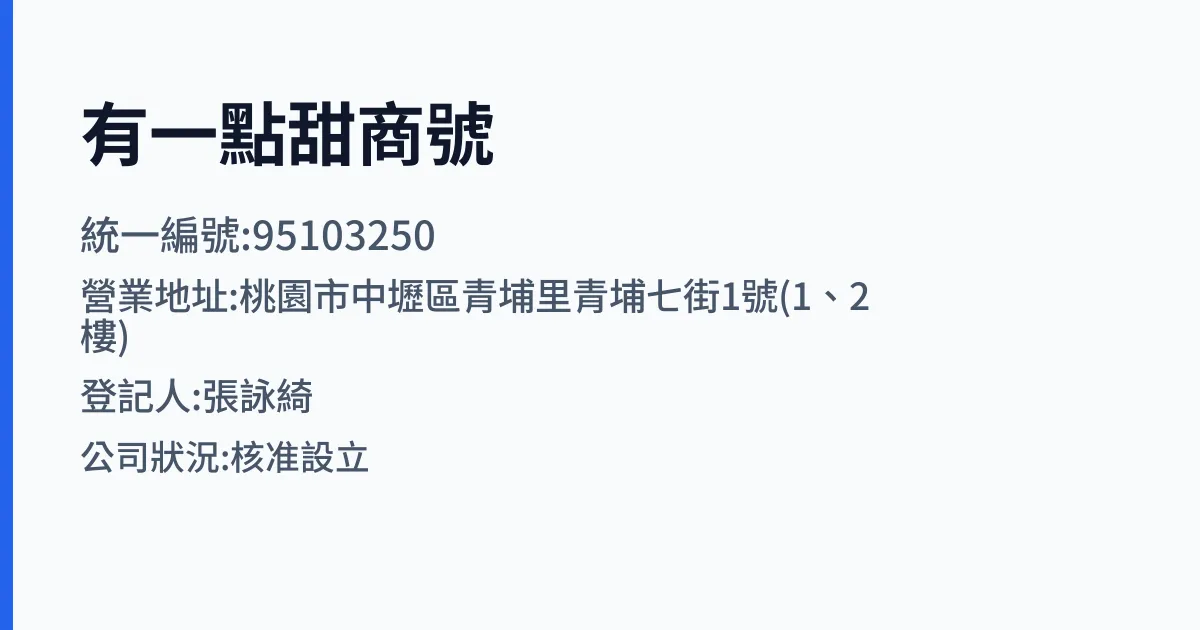 有一點甜商號 - 統編 95103250(桃園市) 公司登記資料與營業項目詳細圖表
