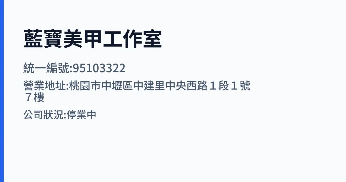 藍寶美甲工作室 - 統編 95103322(桃園市) 公司登記資料與營業項目詳細圖表