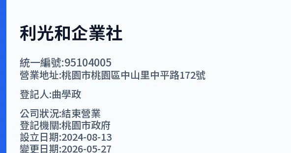利光和企業社的照片-統編 95104005(桃園市) 公司登記資料與營業項目詳細圖表