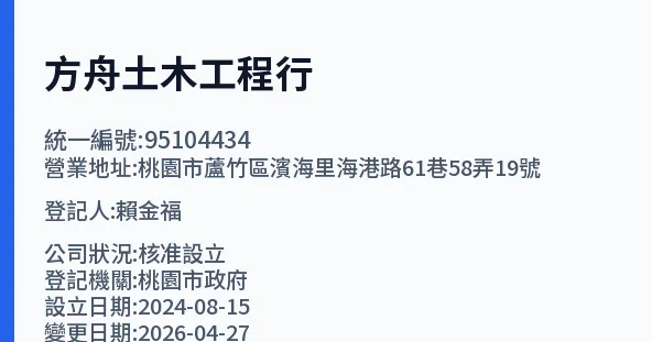 方舟土木工程行的照片-統編 95104434(桃園市) 公司登記資料與營業項目詳細圖表