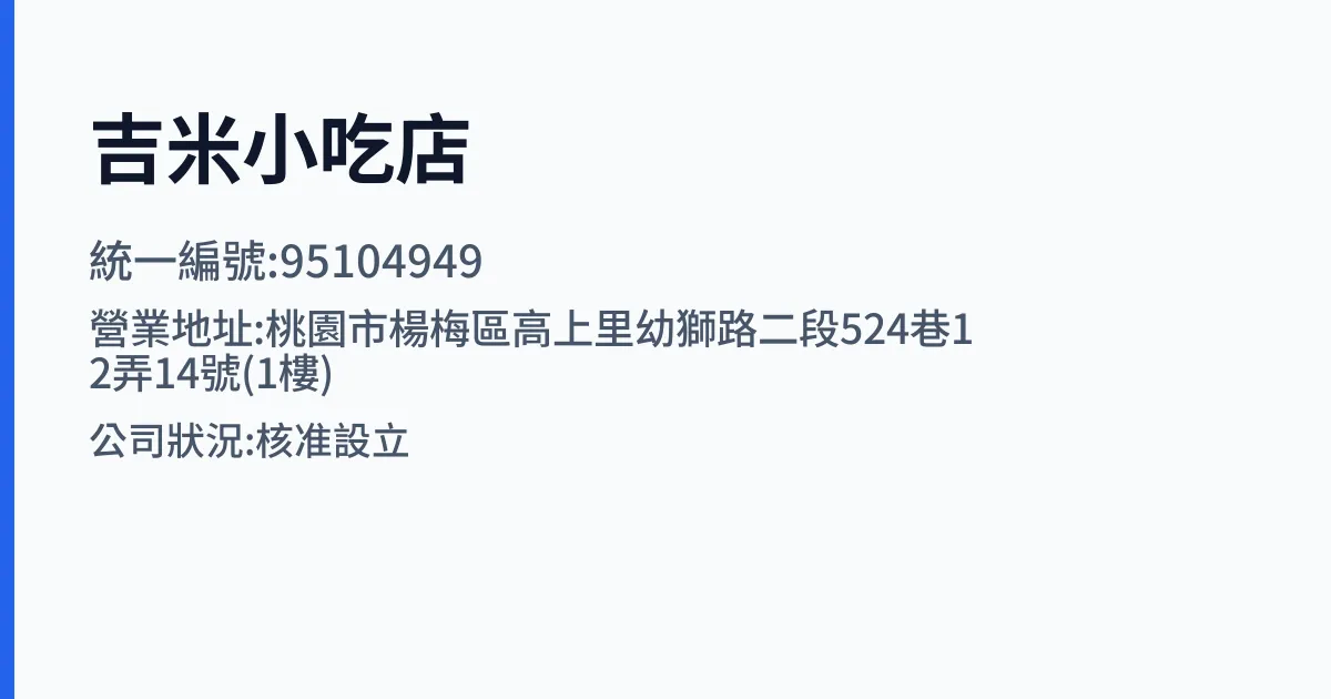 吉米小吃店 - 統編 95104949(桃園市) 公司登記資料與營業項目詳細圖表