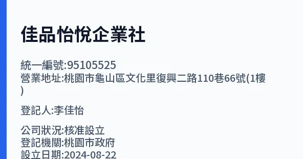 佳品怡悅企業社的照片-統編 95105525(桃園市) 公司登記資料與營業項目詳細圖表