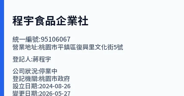 程宇食品企業社的照片-統編 95106067(桃園市) 公司登記資料與營業項目詳細圖表