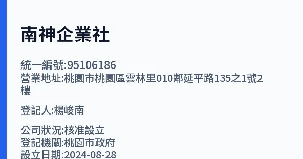 南神企業社的照片-統編 95106186(桃園市) 公司登記資料與營業項目詳細圖表