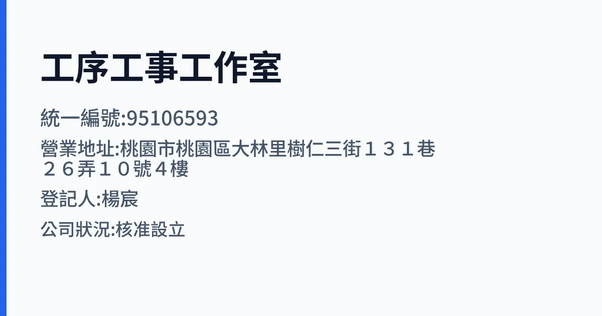 工序工事工作室 - 統編 95106593(桃園市) 公司登記資料與營業項目詳細圖表
