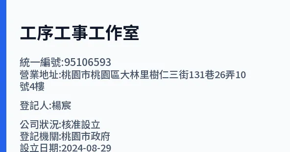 工序工事工作室的照片-統編 95106593(桃園市) 公司登記資料與營業項目詳細圖表
