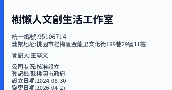 樹懶人文創生活工作室的照片-統編 95106714(桃園市) 公司登記資料與營業項目詳細圖表