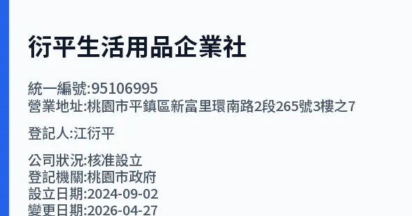 衍平生活用品企業社的照片-統編 95106995(桃園市) 公司登記資料與營業項目詳細圖表